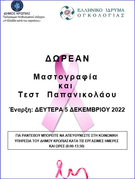 ΔΩΡΕΑΝ ΕΞΕΤΑΣΗ ΓΥΝΑΙΚΩΝ ΜΑΣΤΟΓΡΑΦΙΑ-ΤΕΣΤ ΠΑΠ – Koropi